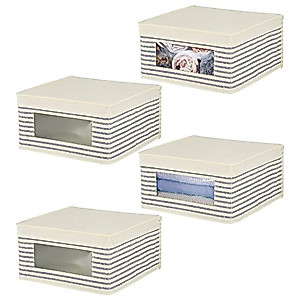 mDesign Medium Fabric Stackable Closet Storage Organizer Box, Front Window/Lid for Bedroom, Office, Mudroom Organization, Hold Clothes, Blankets, Linens, Lido Collection, 4 Pack, Natural/Blue Stripe