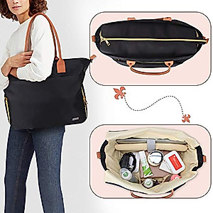Teamoy Breast Pump Travel Bag, Leather Handle Pumping Tote Compatible with Spectra S1,S2, Medela and Cooler Bag, Laptop Breast Pump Storage Bag for Working Moms, Black (PU Handle)