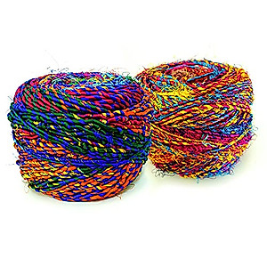 Revolution Fibers Recycled Sari Silk Yarn, Multi-Color Pure Silk Yarn, Made from Handspun Used Sari Fabric Ribbon Scraps, Rainbow Yarn for Knitting, Weaving & Crocheting 100 Grams per Ball (1-Ball)