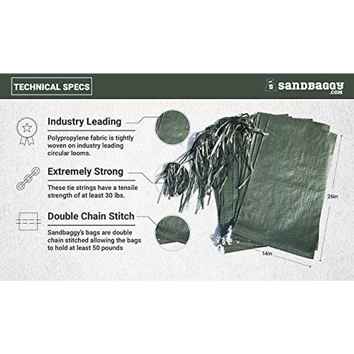 Sandbaggy - Heavy Duty Empty Sandbags For Flooding (14" X 26") - Poly Sand Bags - Flood Barrier, Weight, Construction, Earth Bag Homes - Reusable, UV Resistant - Tie Strings Attached (100 Bags)