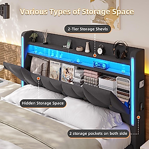 busyaeh King Bed Frame and Headboard with Storage, King Size Bed Frame with LED Lights & Charging Station, Upholstered King Bed Frame, No Noise, No Box Spring Needed, Easy Assembly