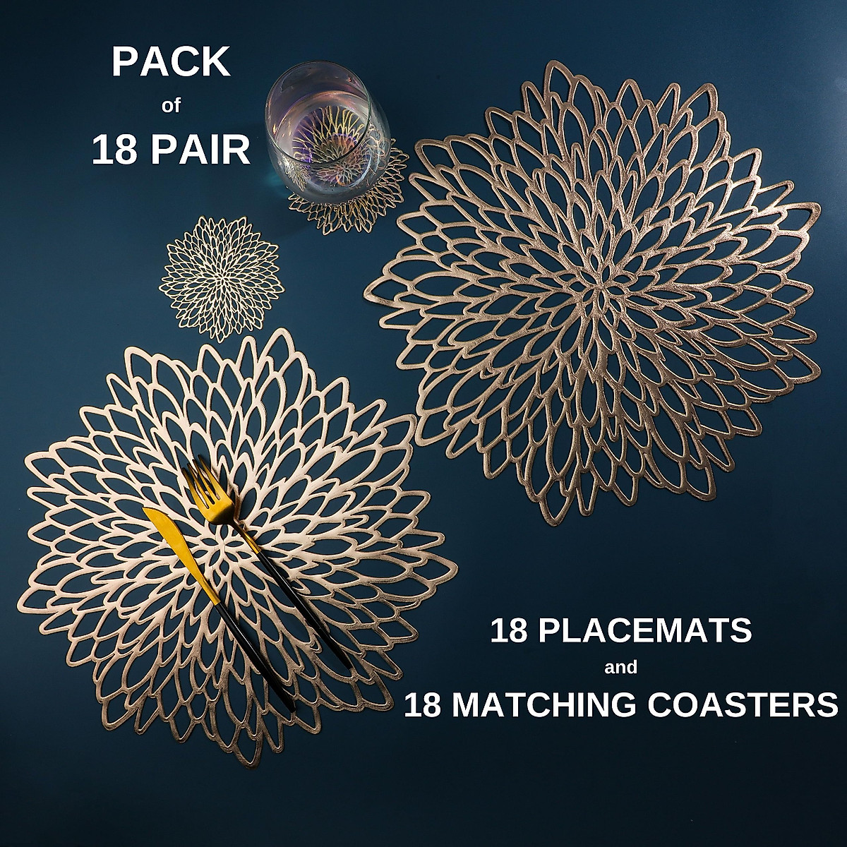 Snowkingdom Pairs of 18 Gold Metallic Round Placemats & Coasters 36 PCS Matching, Bulk Round Pressed Vinyl Leaf Dinning Kitchen Table Mats Decoration for Christmas Wedding Thanksgiving Party