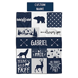 MeMate Personalized Woodland Baby Blankets, Baby Woodland Blanket Custom Name, Deer Baby Blankets for Boys Girls, Baby Bear Wolf Blanket for Baby Shower Newborn Infant Son Toddlers