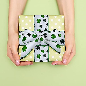 Hying St. Patrick's Day Ribbons for Gifts Wrapping, White Burlap Wired Edge Ribbons Irish Shamrock Craft Ribbon Ornaments for Wreath Bows Saint Patrick's Day Decoration Supplies, 2.5"×10 Yards