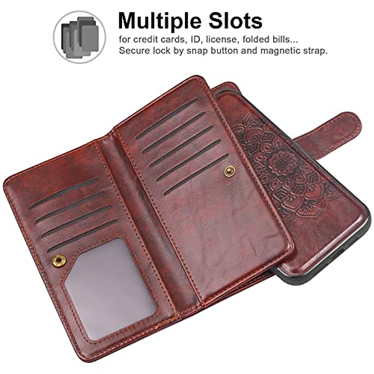 Vofolen for iPhone 12 Pro Max Case Credit Card Holder Wallet Cover 2-in-1 Slot Women Girl Detachable Strap Protective Slim Hard Shell Magnetic Leather Folio Pocket Flip Case Mandala Brown