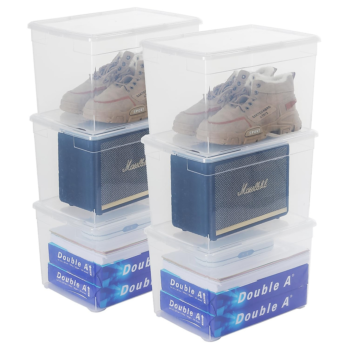 OMNISAFE 6 Pack 22 Quart Stackable Plastic Storage Bins, BPA-Free Nestable Container with Latching Lid to Organize Shoes, See-Through Box for Home and Office, Multi-Purpose Storage Case, Clear Shoebox