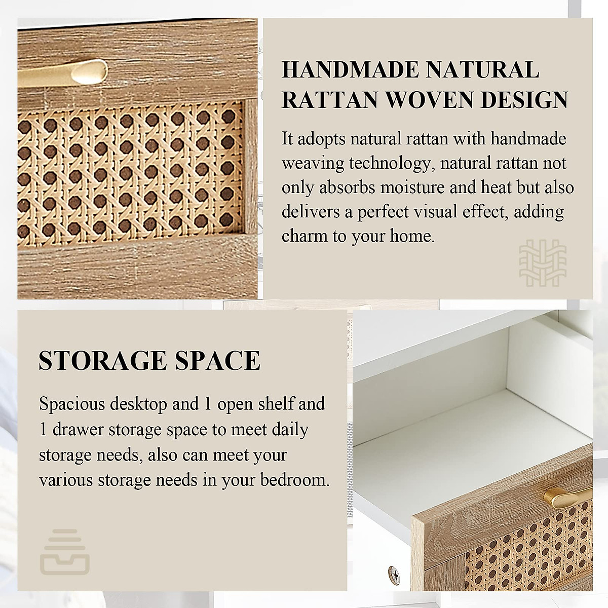 LETESA Rattan Nightstands, with Rattan Decor Drawer and Open Shelf, Bed Side Tables with Solid Wood Feet, End Table, Night Stands, for Bedroom, Living Room (1, White-Square)