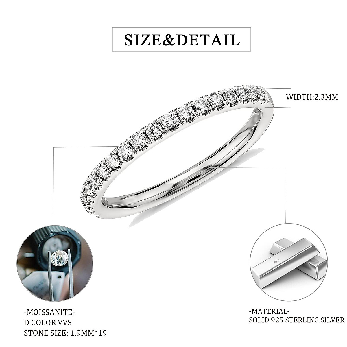 Flpruy 0.57cttw Moissanite Wedding Band for Women White Gold Plated 925 Sterling Silver Simulated Diamond Half Eternity Engagement Stackable Rings for Women Fiancée(Idea D, VVS1)