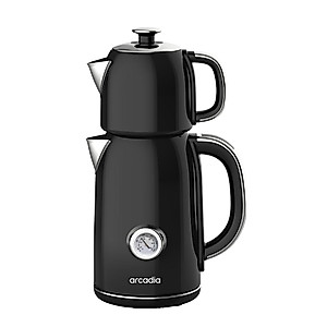Arcadia Electric Turkish, Black and Herbal Tea Maker and Kettle, Stainless Steel, Temperature Control, LED and Dial Display, Auto Shut-off, Boil-Dry Protection, Black, 1.7L (1.5qt), 120V, 1500W