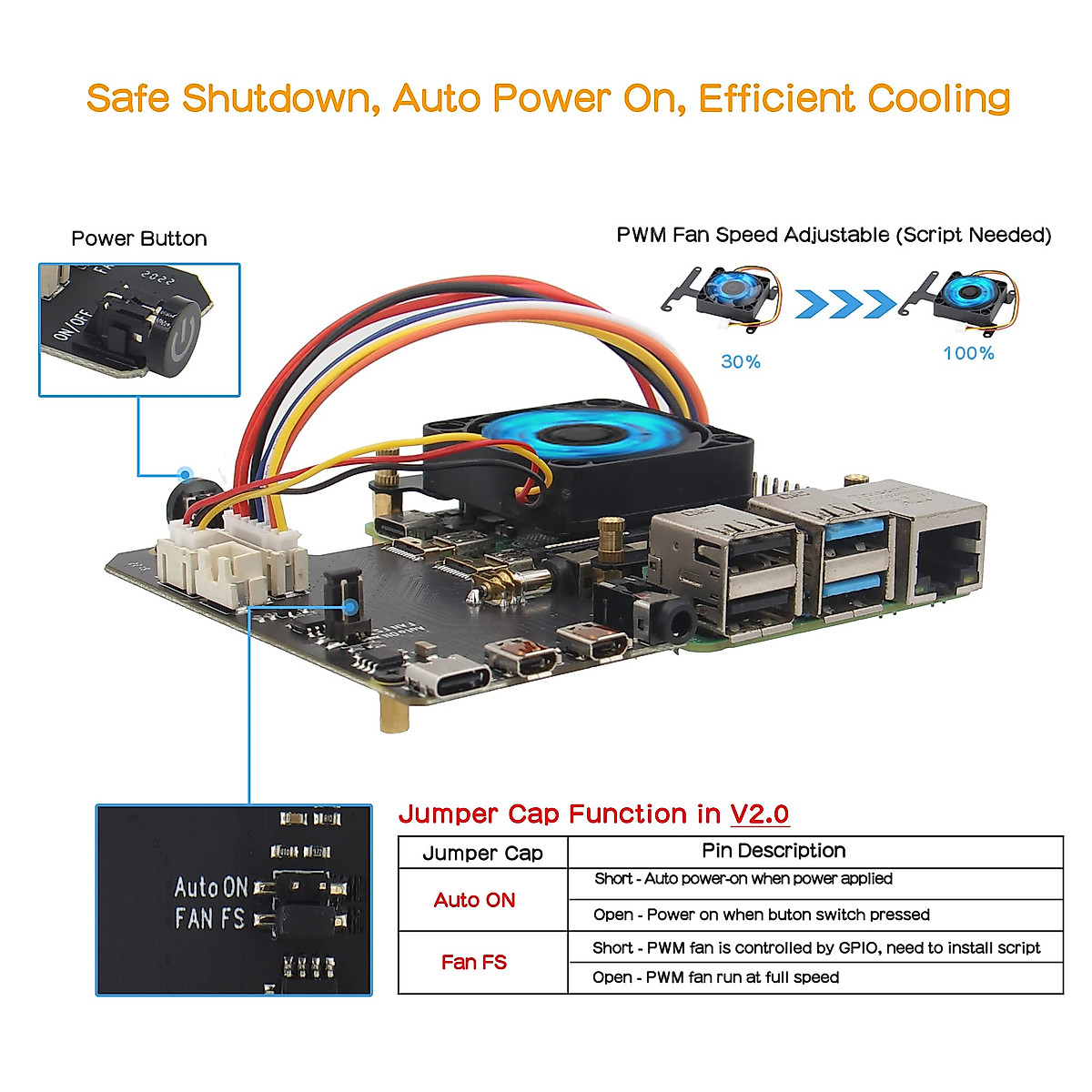 Geekworm Case with Power Button for Raspberry Pi 4, X-C1 Adapter Board | Ultra-thin Pi 4 Aluminum Case | PWM Cooling Fan | Auto Power On | Safe Shutdown Function Compatible with Raspberry Pi 4 Model B