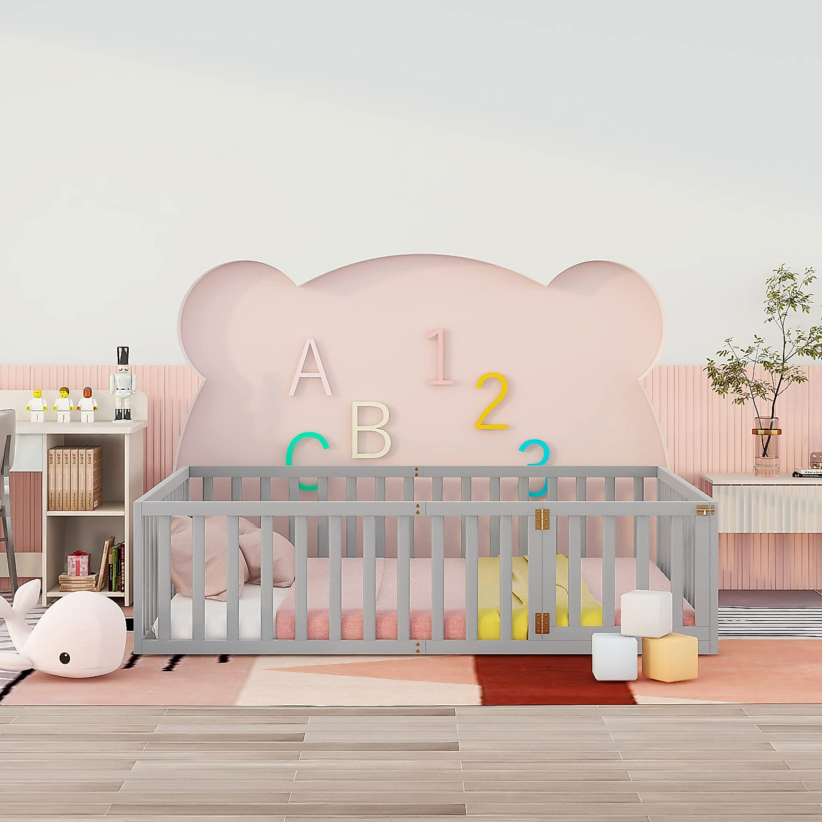 Okak Queen Size Floor Bed with Safety Guardrails and Slats Montessori Floor Bed with Door and Fence Wood Montessori Bed Frame for Kids,Girls, Boys,Light Gray