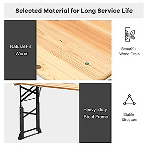 Goplus Folding Picnic Beer Table, Outdoor Camping Table with Umbrella Hole, Adjustable Heights and Wood Top, Portable Picnic Table for Patio Garden Party Backyard, No Assembly