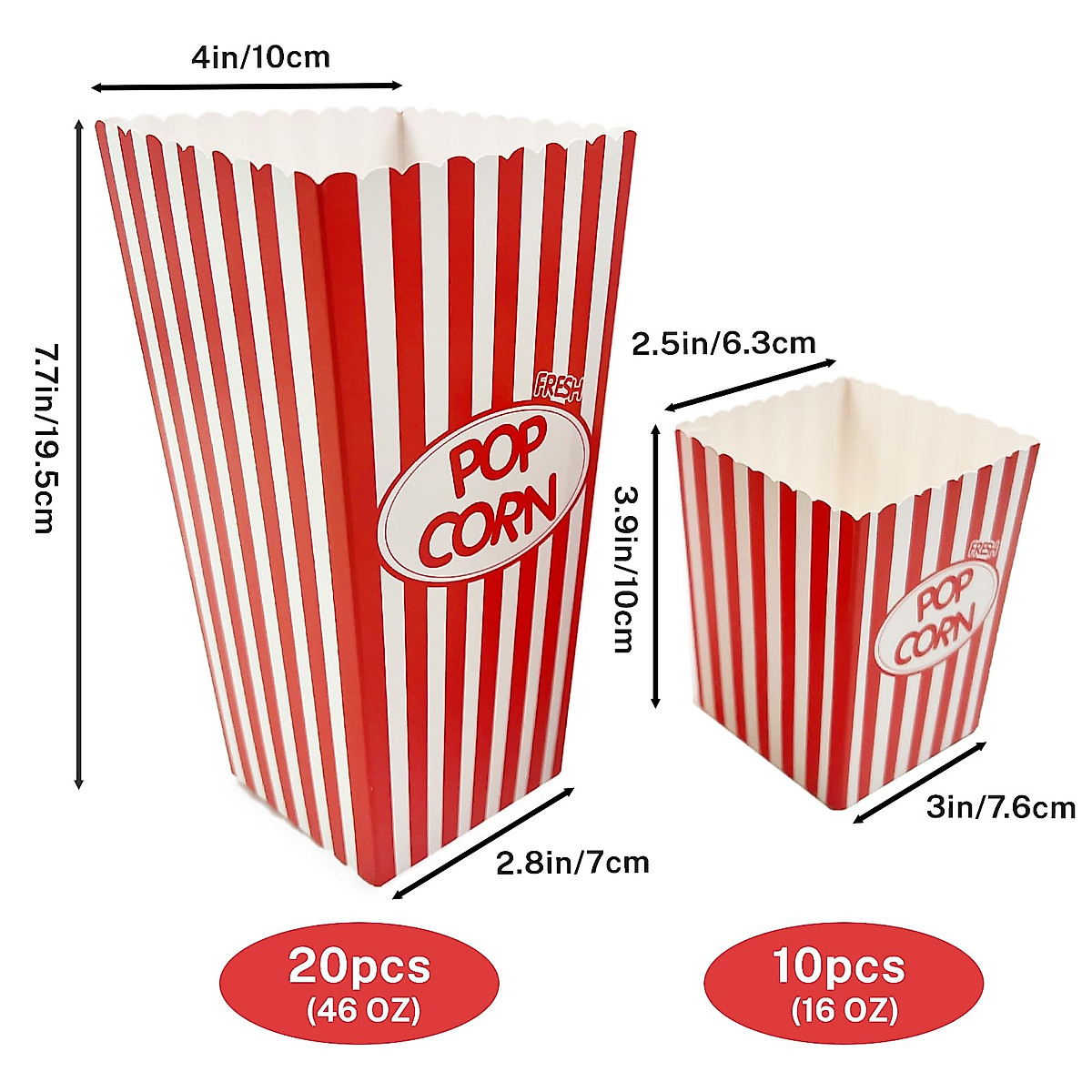 SNAIL GARDEN 30 Pcs Popcorn Boxes, 20Pcs 46oz&10Pcs 16oz Movie Night Snack Bucket, Red/White Food Container,Disposable Paper Box,Durable Cardboard Boxes For Family Party Picnic Festivals Decoration