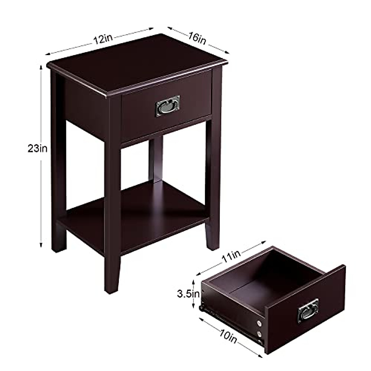 VECELO Nightstands Set of 2 End/Side Tables Living Room Bedroom Bedside, Vintage Accent Furniture Small Space, Solid Wood Legs, One Drawer, Black Walnut