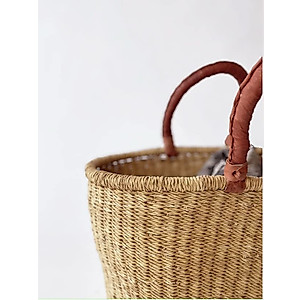 Ghana African Handmade Woven Oval Picnic Shopping Baskets (Natural with Brown Handles)