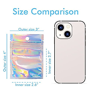 QTOP 100 Pieces Mylar Bags Holographic Packaging Bags, Foil Pouch Ziplock Bags for Food Storage and Lipgloss, Jewelry, Eyelash Packaging (3 X 4 inches)