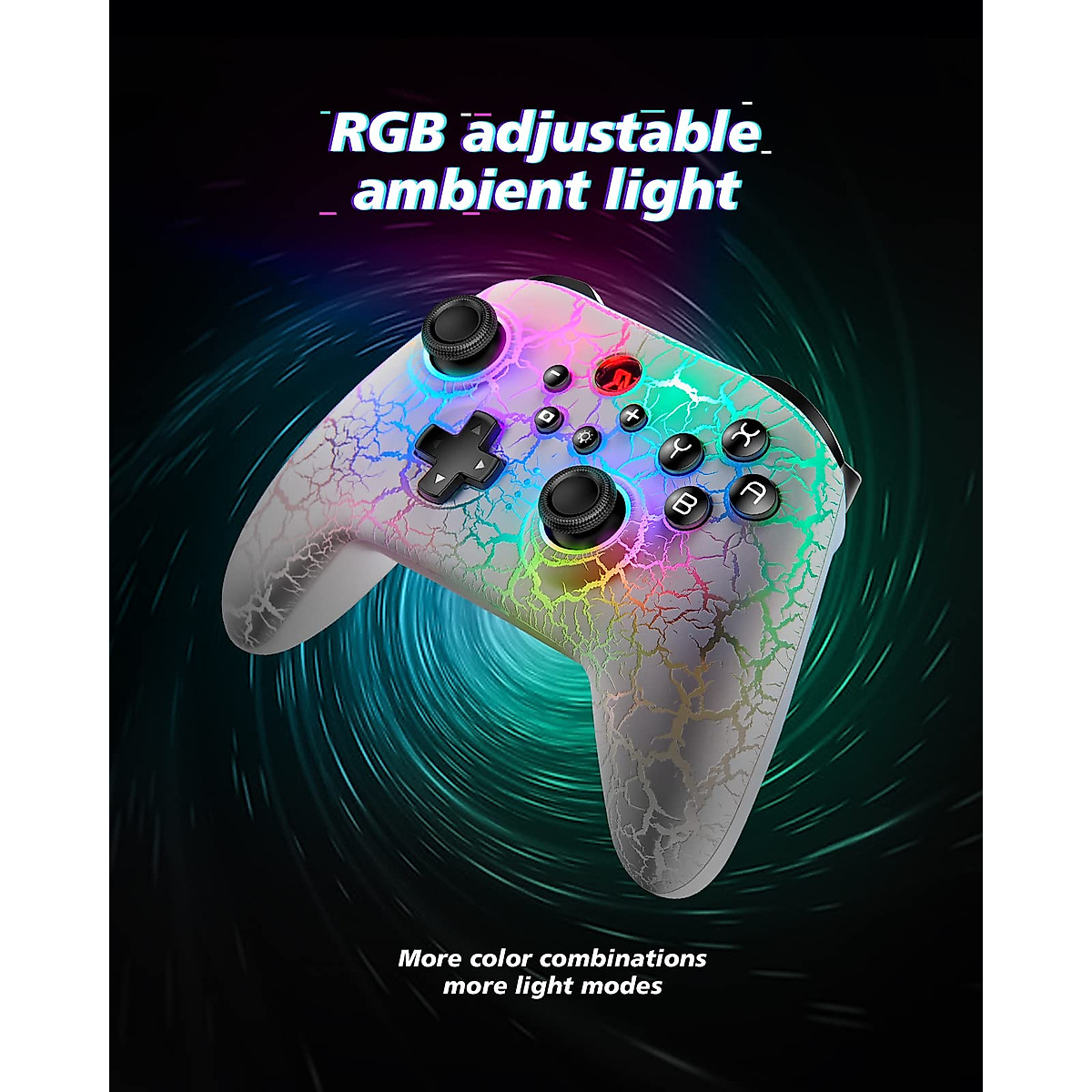 BINBOKPLAY Switch Controller, Wireless Switch Pro Controller for Switch/Switch Lite/Switch OLED, RGB Adjustable LED Wireless Remote Gamepad with Unique Crack/Motion control/Turbo/ALPS Joystick (White)