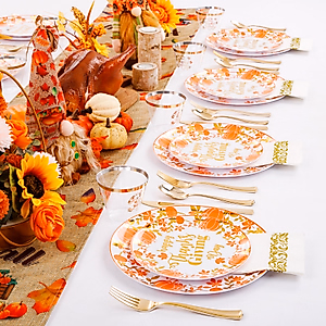 supernal 175pcs Thanksgiving Plastic Dinnerware Set,Gold Plastic Plates with Gold Plastic Silverware,Gold Thanksgiving Plastic Cups,Pumpkin and Maple Leaf Design for Thanksgiving Day Party