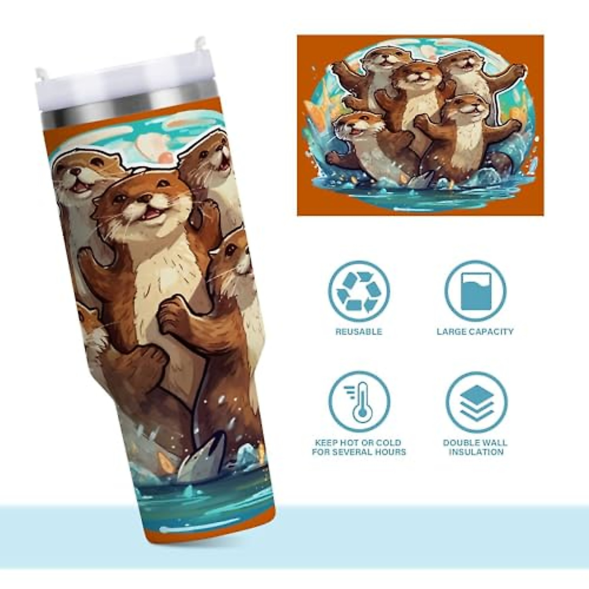 Exnundod 40 oz Tumbler with Handle Cartoon Sea Otters Insulated Stainless Steel Cup with Lid and Straw Travel Cup Leak-proof Fits in Car Cup Holder for Iced & Hot