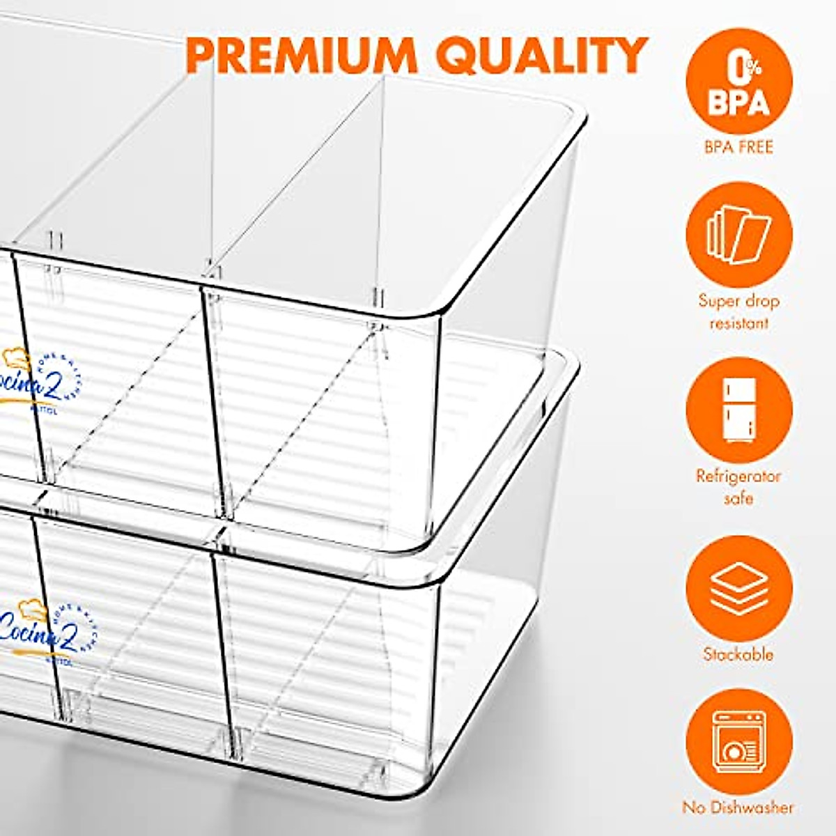 CocinaZ KATTOL Clear Storage Bins – Stackable Storage Bins with Removable Dividers –Clear Organizing Bins for Food Storage, Fridge, Kitchen, Pantry –4-Compartment Clear Plastic Storage Bin (4 Pack)