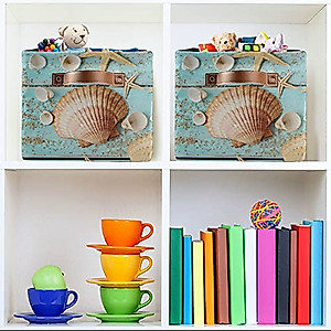 Canvas Storage Basket Beach Board Seashell Starfish Storage Bins Collapsible Organizer with Handles for Cupboards Shelves Nursery Wardrobe Clothes Toys Laundry Children Room