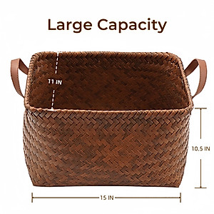GIB Wicker Storage Baskets for Shelves with Handles 4 Pack, 15"x11" Hand Woven Decorative Rectanguler Baskets Bins Organizer for Blankets Clothes Laundry Bathroom Nursery Picnic, Brown