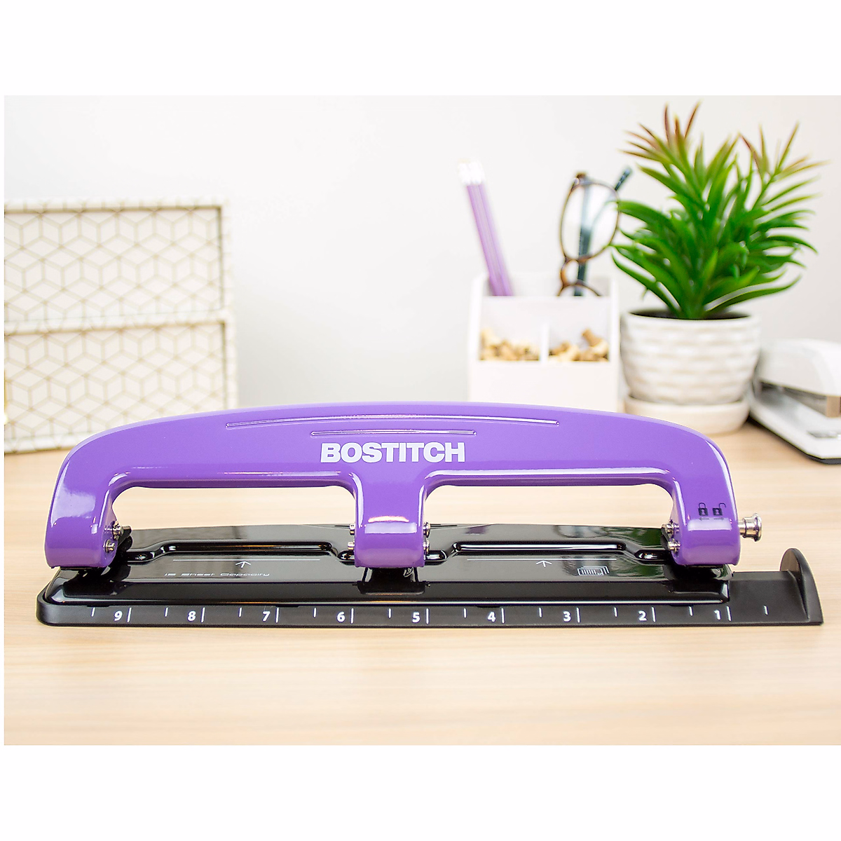 Bostitch Office EZ Squeeze Reduced Effort 3-Hole Punch, 12 Sheets, Purple (2105), 1.6" x 3" x 11"