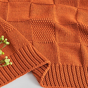 CozeCube Knit Throw Blanket,Orange Checkered Throw Blanket for Couch,Soft Cozy Warm Knitted Throw Blanket for Couch Bed Living Room, Decorative Spring Fall Throw Blanket 50"X60",Rust Orange