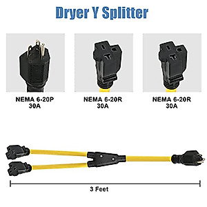 3FT NEMA 6-20P to Two 6-20R Y Splitter Power Cord, HDWS Splitter Power Cord, 20 AMP 250V 5000W for Air Compressors Pool Pump