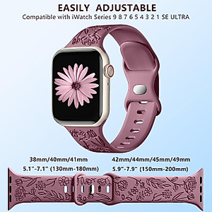 SNBLK 6 Pack Floral Engraved Apple Watch Bands, Compatible with 38mm-49mm Models, Soft Silicone Material, Vivid Flower Patterns, Comfortable Fit, Water Resistant