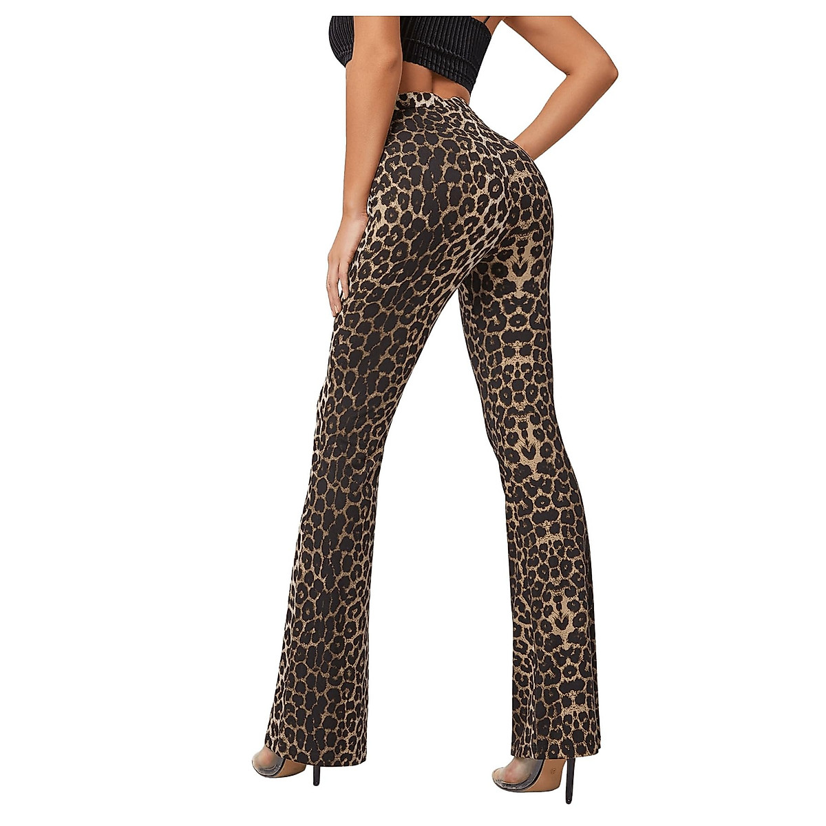WDIRARA Women's Elastic High Waist Leopard Print Flare Leg Casual Long Pants Brown Animal XL
