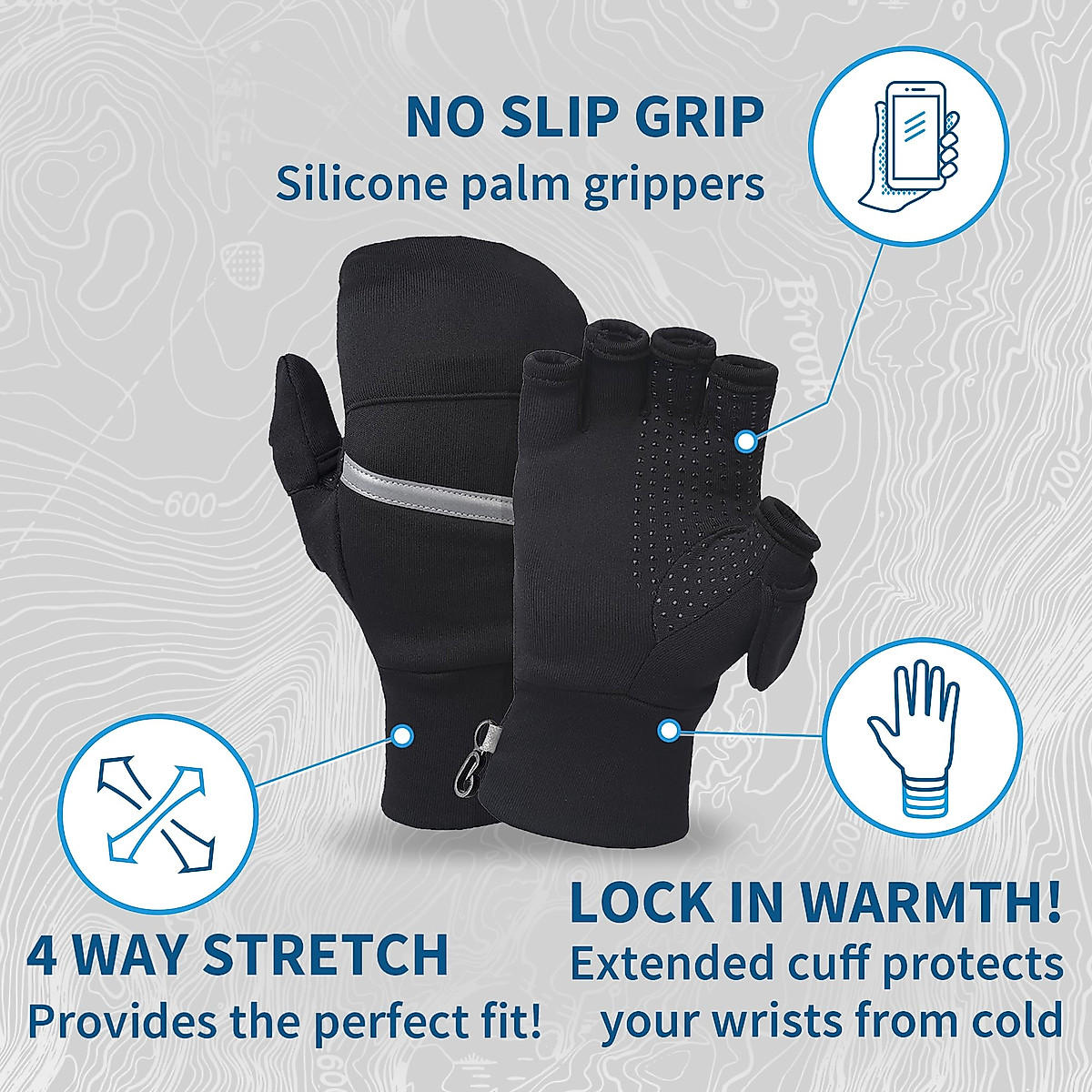 TrailHeads Womens Power Stretch Convertible Mittens,small/medium, Black