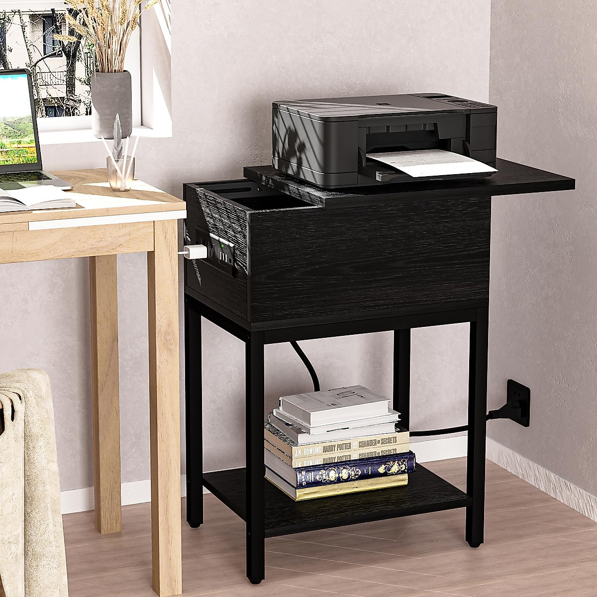 SZLHANJZ Narrow Nightstand, Small End Table with Charging Station, Bedside Table with Storage and Shelf for Small Spaces, 2 Tier Side Table for Living Room Bedroom, Black