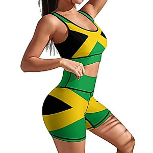 AuHomea Women Yoga Set Jamaica Flag Workout Sport Bra with High Waist Shorts Legging Outfit Tracksuit for Girls 2Pcs Size L