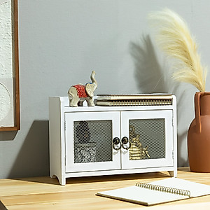 COLLECTIVE HOME - Storage Cabinet, Mini Countertop Cabinet, Wood Organizer for Kitchen Living Room Bedroom Bathroom Office with Magnetic Door, 14.5 x 6.5 x 10 (White, Wire Netting)