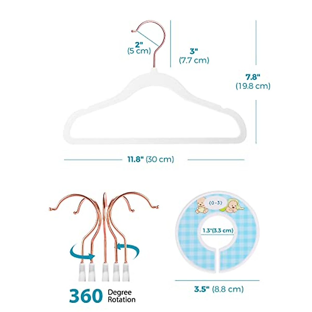 Smartor Premium Velvet Baby Hangers for Closet 50 Pack, 11.8" Safe Durable Baby Clothes Hangers for Nursery with 6 Pcs Closet Dividers, Sturdy Felt Hangers for Toddler/Infant/Kids/Childrens - White