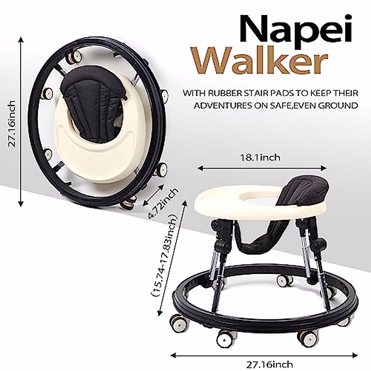 Napei Foldable Baby Walker with Wheels, Baby Walker & Activity Center for Boys Girls 6-18 Months, Enlarged Chassis Baby Walker and Bouncer Combo, Seat & Height Adjustable Toddler Walker, Anti-Rollover