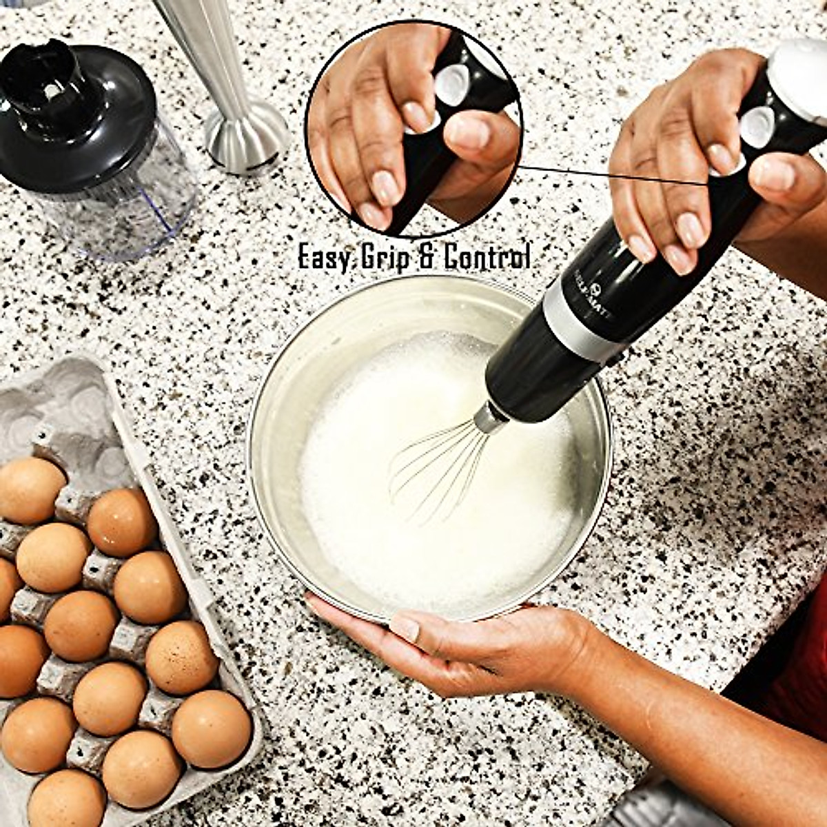Self-Mate 3 in 1 Dual Speed Immersion Hand Blender Kitchen Set – Stainless Steel 300W Electric Mixer Blending Stick with Interchangeable Whisk Wand, Food Processor Chopper & Beaker Attachments