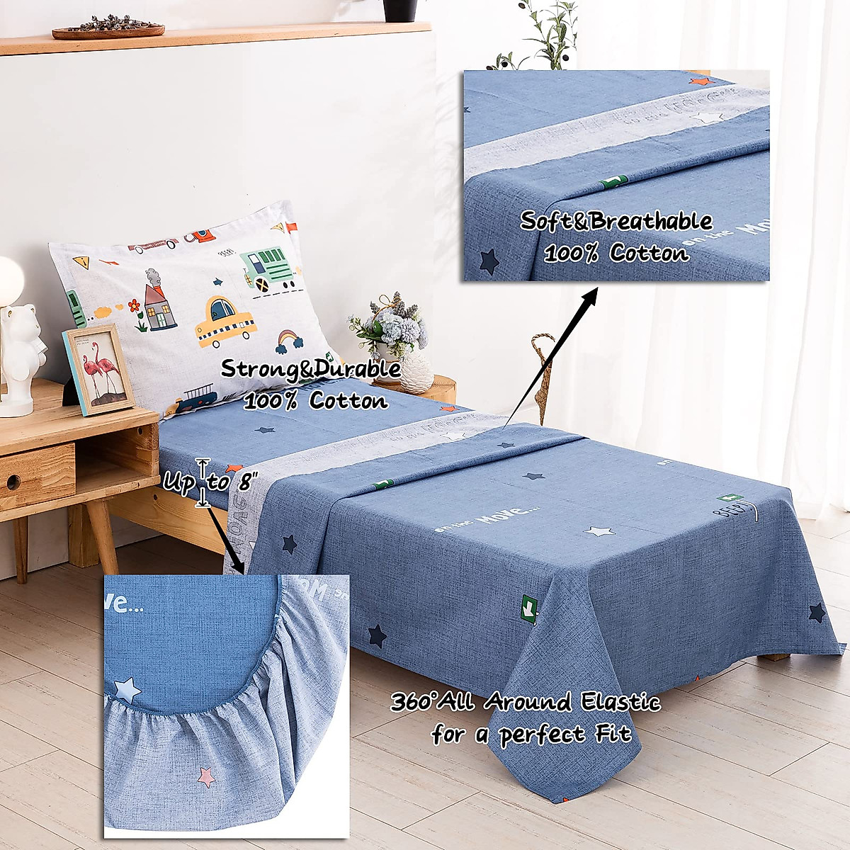 WONGS BEDDING Cars Toddler Bedding Set, 4 Pieces Cotton Toddler Comforter Set for Boys Girls, Cars Bus Reversible Navy Blue Comforter(1 Comforter,1 Flat Sheet,1 Fitted Sheet,1 Pillow Case)