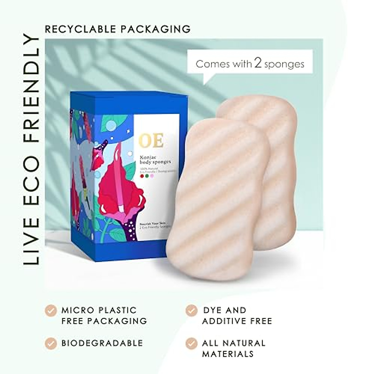 Konjac Body Sponge (2 Pack) | 100% Natural & Dye Free | Non-Toxic | Biodegradable | Eco-Friendly | Plastic Free Packaging