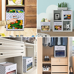 Utureal 11 Inch Fabric Cube Storage Bins with Clear Window, Collapsible Closet Shelves Storage Boxes with Handle, Kids Nursery Room Bedroom Home Basket, Toys Clothes Organizer Bin | Grey, Polka Dots
