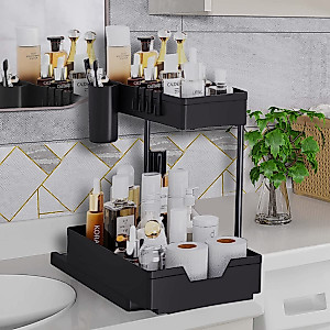 Karlsitek Under Sink Organizers and Storage,2 Pcs Under Sink Organizers,2-Tier L-Shape Bathroom Organizer,Sliding Cabinet Organizer Drawer with 2 Hanging Cups and 8 Hooks for Kitchen Bathroom Office