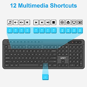 NPET WK20 Wireless Keyboard for Windows, 2.4 GHz Wireless, Full-Size, Number Pad, 14 Multimedia Keys, 2-Year Battery Life, Compatible with PC, Laptop