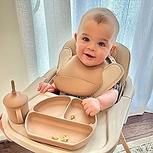 ARINASS 14 PCS Baby Feeding Set – Baby Led Weaning Supplies All–in–One Kit – Includes 2 Silicone Bibs, 2 Baby Spoons, 2 Forks, 1 Suction Plate with Lid, 1 Bowl, 2 Straws, 1 Sippy Cup (Beige)
