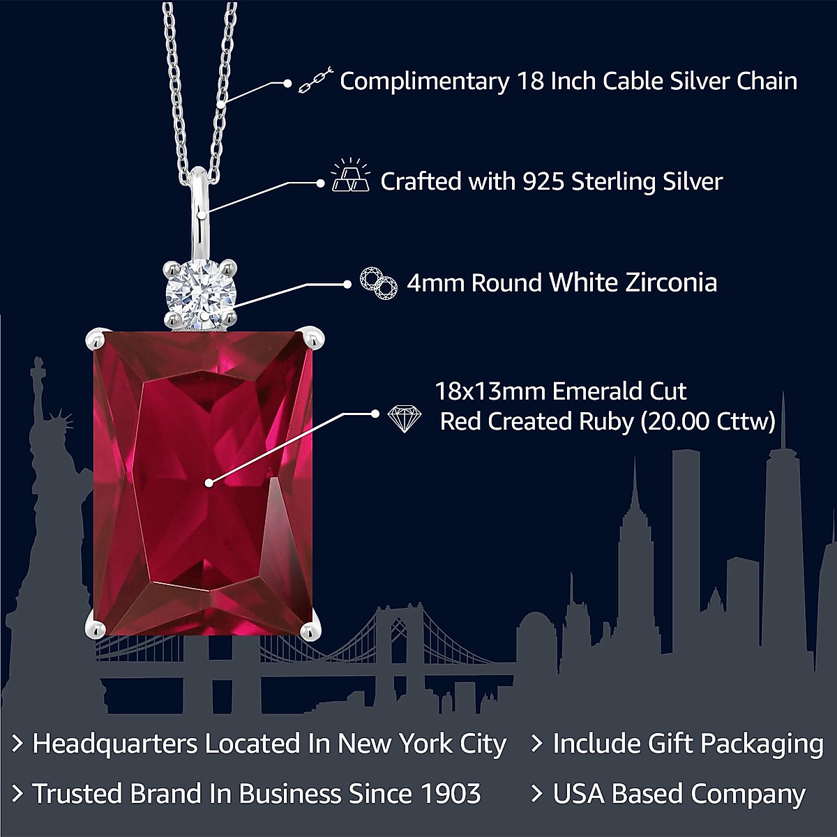 Gem Stone King 20.00 Cttw Red Created Ruby Pendant Necklace For Women In 925 Sterling Silver | Emerald Cut 18X13MM | With 18 Inch Silver Chain