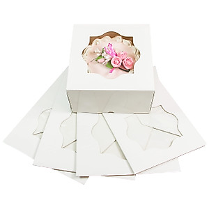 Global Sugar Art Auto-Popup Deep Square Cake Box with Window, White 8 x 8 x 5 Inches, 5 Count