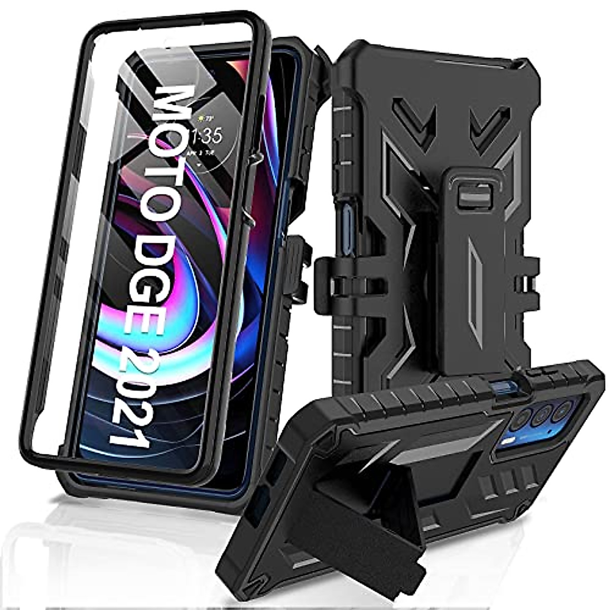 for Motorola Edge 2021 / Moto Edge 5G UW Case: Built-in Screen Protector Kickstand Full-Body Military Grade Three-Layer Protective Shockproof Rugged Phone Cover with Belt Clip Holster Black