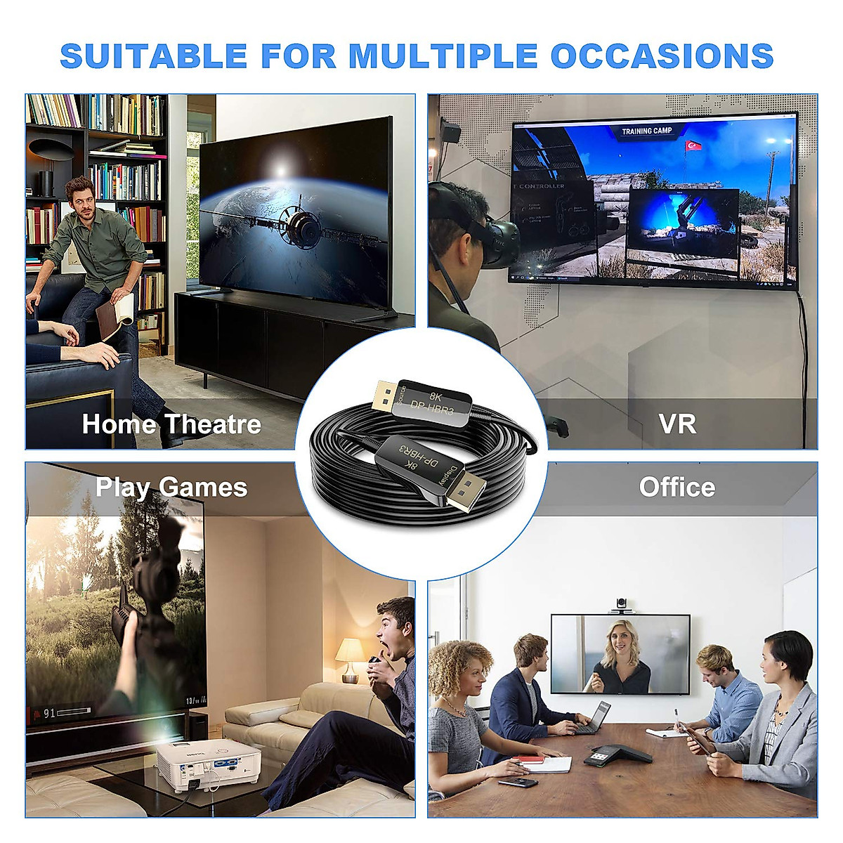 CABLEDECONN Fiber 8K 4K DisplayPort Cable DP 1.4 HBR3 8K@60Hz 4K@144Hz High Speed 32.4Gbps Optical Fiber Slim and Flexible DP to DP Cable 15m 50ft