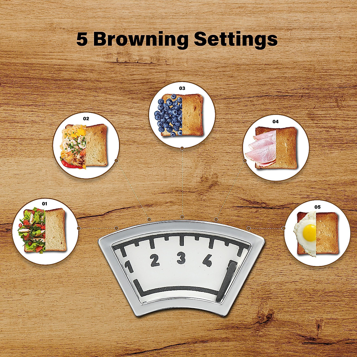 Simple Deluxe 1.5" Wide Slot 2-Slice Toaster, 5 Browning Setting and 3 Function, Retro Stainless-Steel Style, Removable Crumb Tray, Kitchen Essentials, for Bagel, Silver