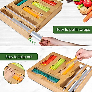 Bamboo Ziplock Bag Organizer - Foil and Plastic Wrap organizer with cutter - Holds up to 12” rolls - Baggie Organizer for Gallon, Quart, Sandwich, Snack Bags - Kitchen Organization - Drawer organizer